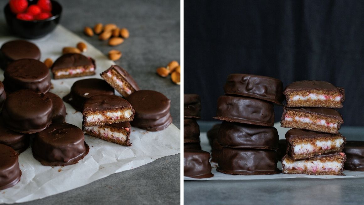 Chocolate coated raw cookies with raspberry and coconut filling ...